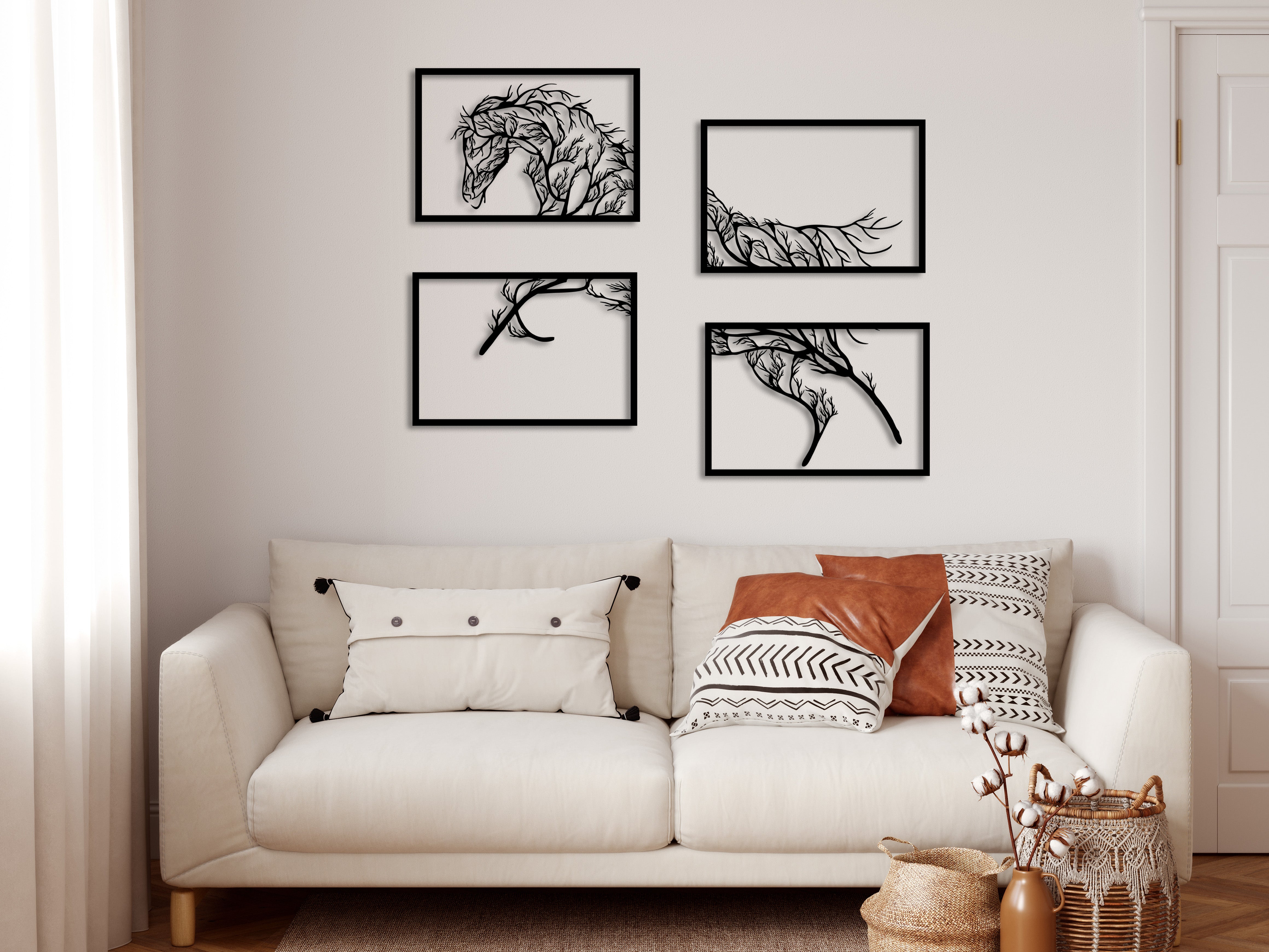 Ağaç At 4 Panel Metal Duvar Dekoru – Dekadron